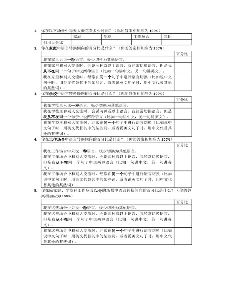 Code-Switching and Interactional Contexts Questionnaire | PDF