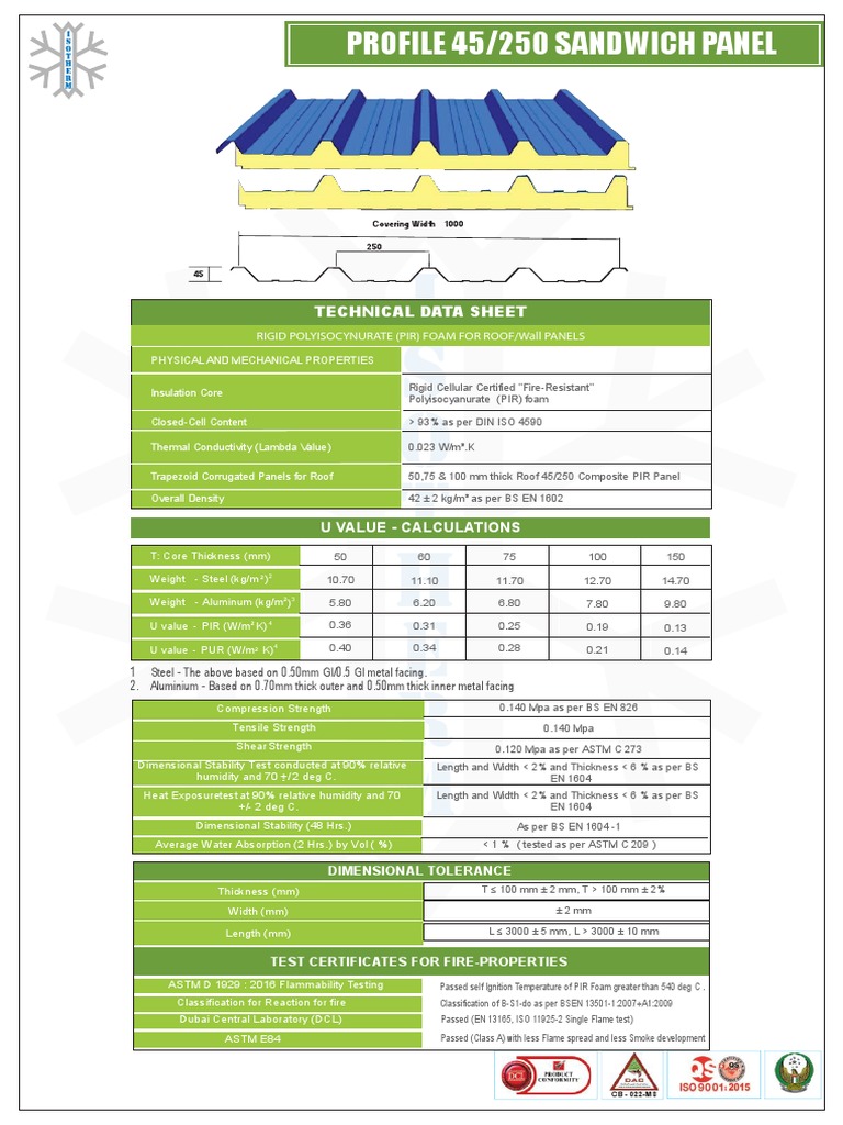 Profile 45 250 Sandwich Panel Techincal Datasheet | PDF | Chemistry ...