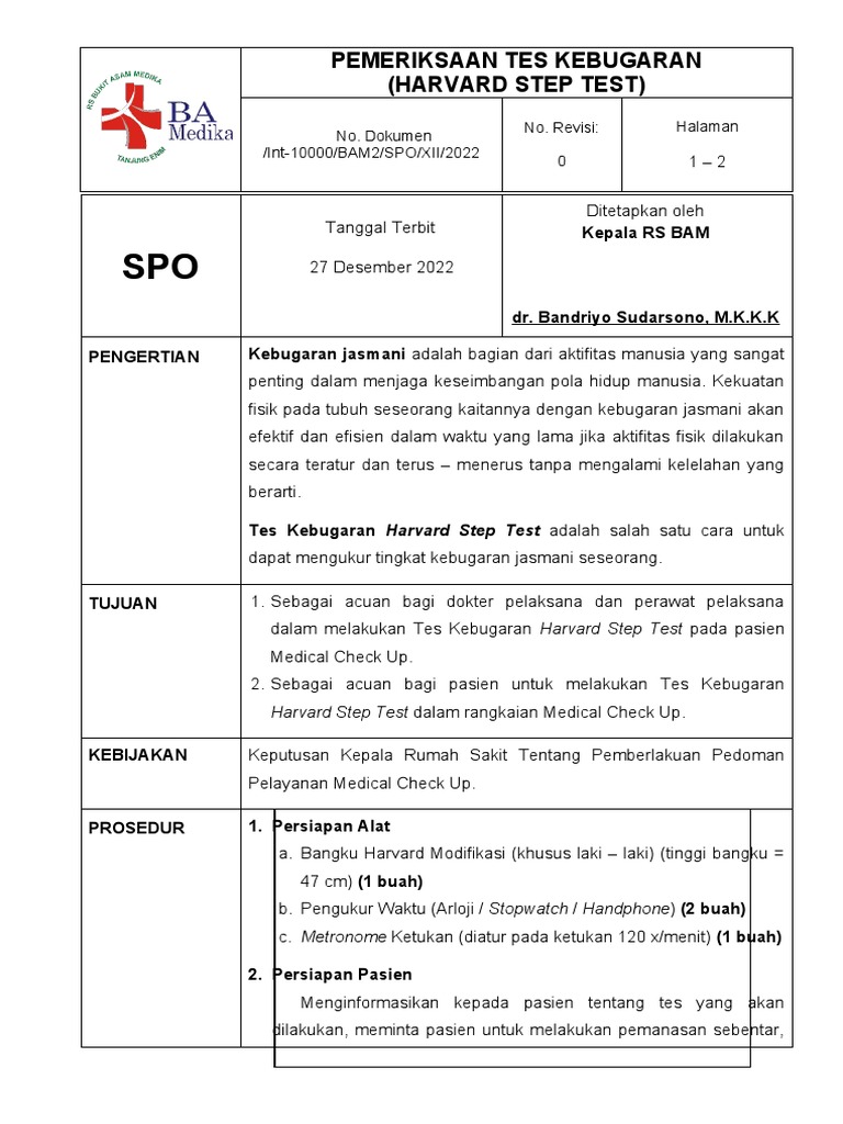 02 SPO Pemeriksaan Tes Kebugaran Harvard Step Test (2022) | PDF