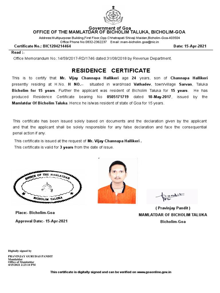 Residence Certificate: Government of Goa Office of The Mamlatdar of ...