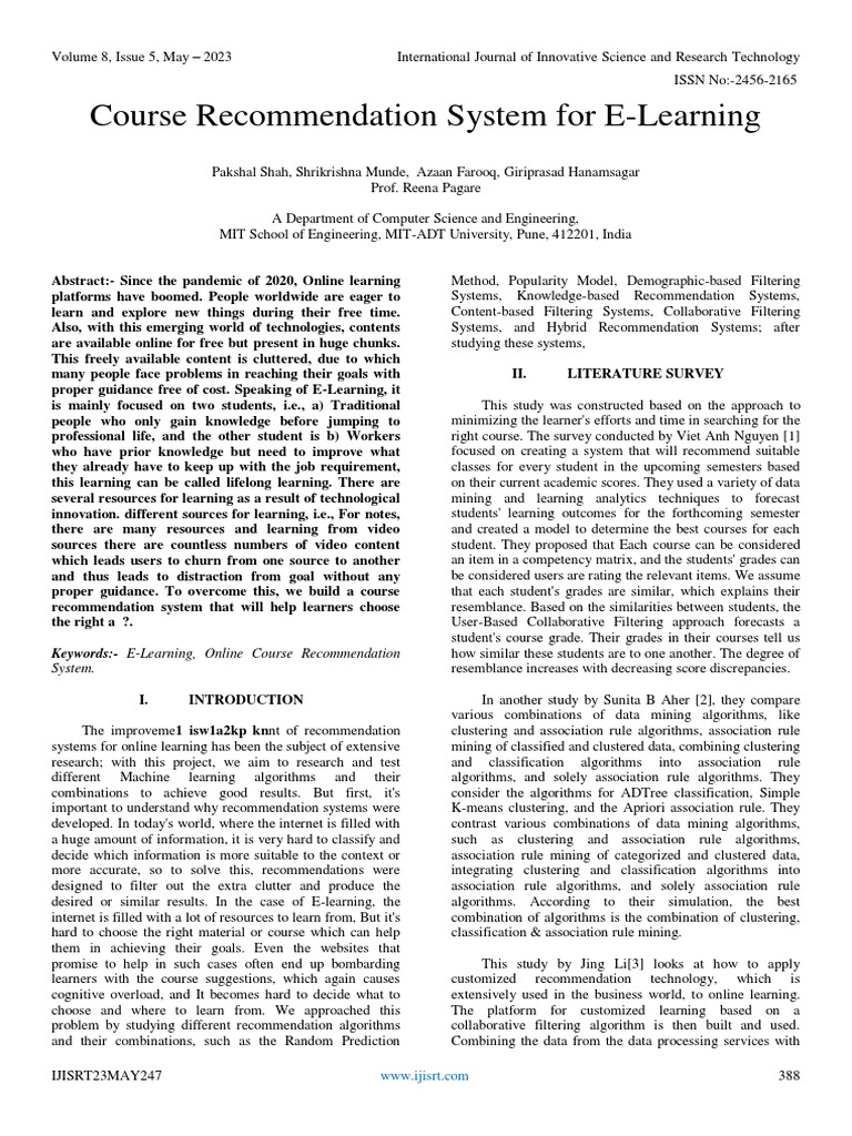 Course Recommendation System For E-Learning | PDF