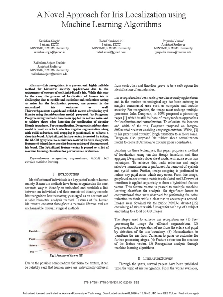 A Novel Approach For Iris Localization Using Machine Learning Algorithms | PDF