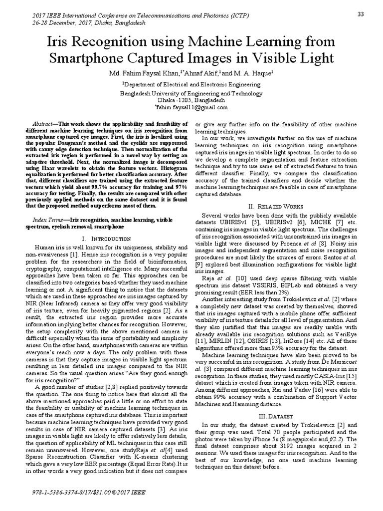 Iris Recognition Using Machine Learning From Smartphone Captured Images in Visible Light | PDF ...