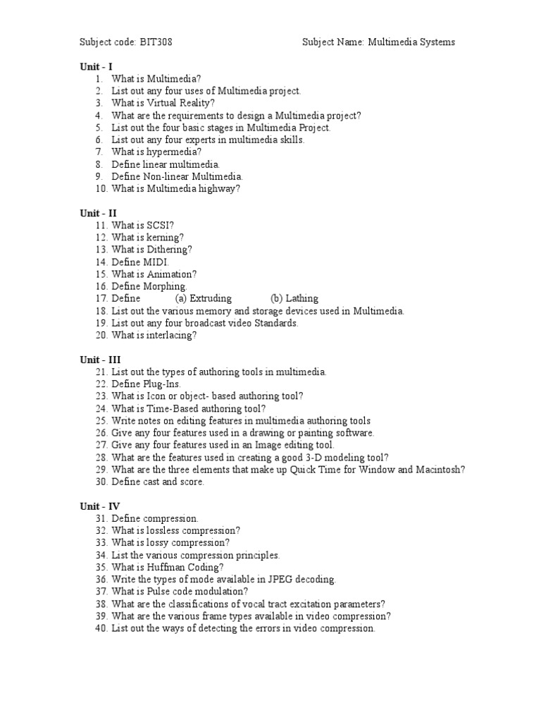 BIT 308 Multimedia Question Bank | PDF | Data Compression | Multimedia