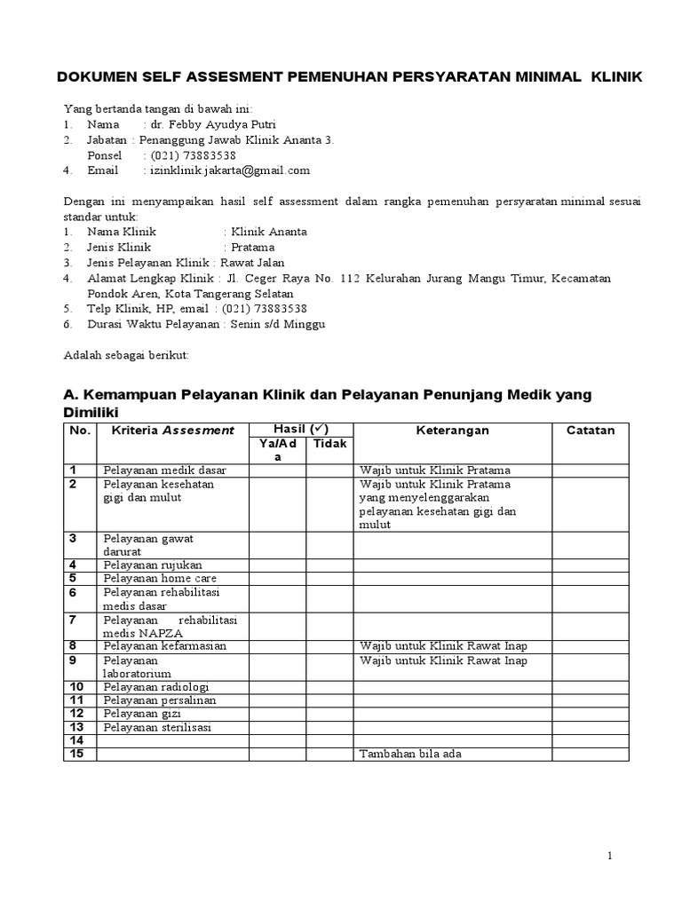 Dokumen Self Assessment Klinik | PDF