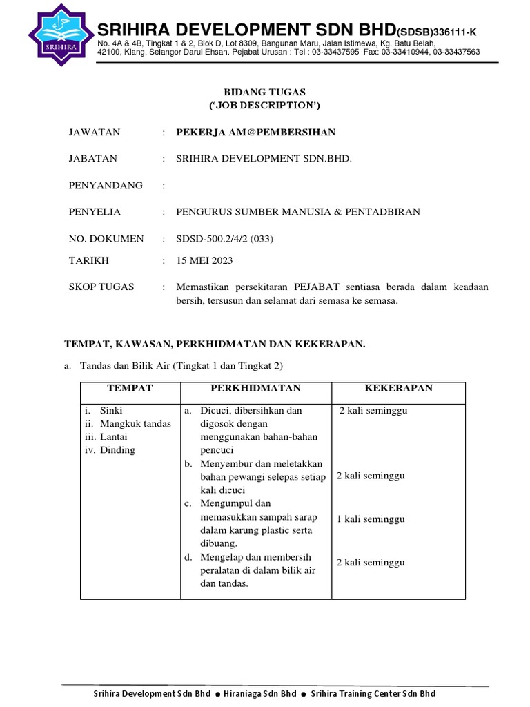 SDSD-500-2.4.2 (033) Bidang Tugas Pekerja Pembersihan Pejabat SDSB | PDF