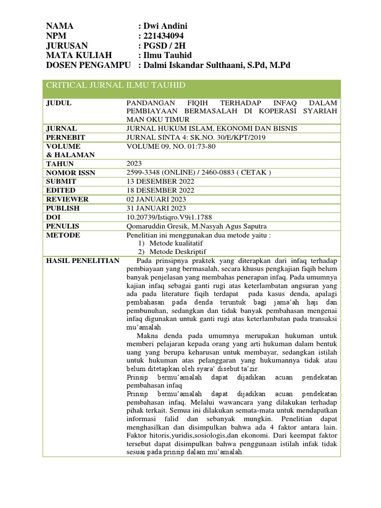 Critical Jurnal Ilmu Tauhi (Dwi Andini) | PDF