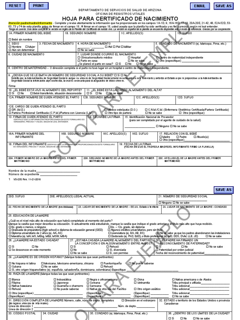 Certificate of Live Birth Worksheet 2003 Standard Spanish | PDF