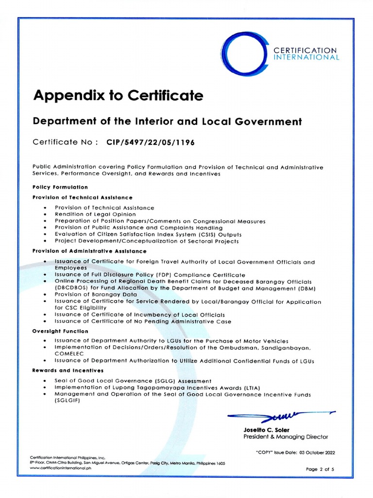 Appendix To ISO Certificate | PDF