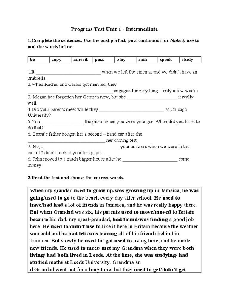Progress Test Unit 1 Intermediate | PDF