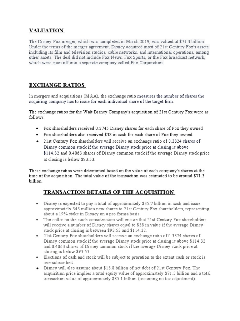 Disney-Fox Merger Valuation | PDF | 21st Century Fox | Mergers And ...