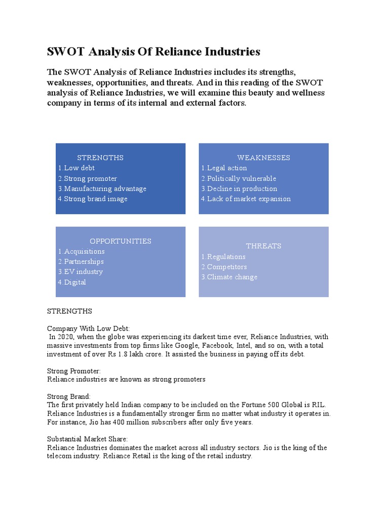 SWOT Analysis Of Reliance Industries | PDF