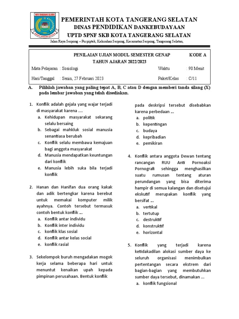 Soal Uji Modul KLS XI SOSIOLOGI KODE A | PDF