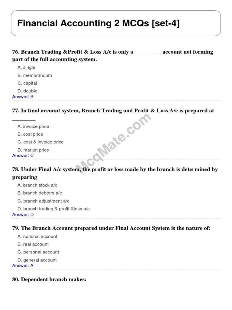 Financial Accounting 2 Solved MCQs (Set-4) | PDF | Partnership | Investing Financial Accounting 2 Solved MCQs (Set-4) | PDF | Partnership | Investing