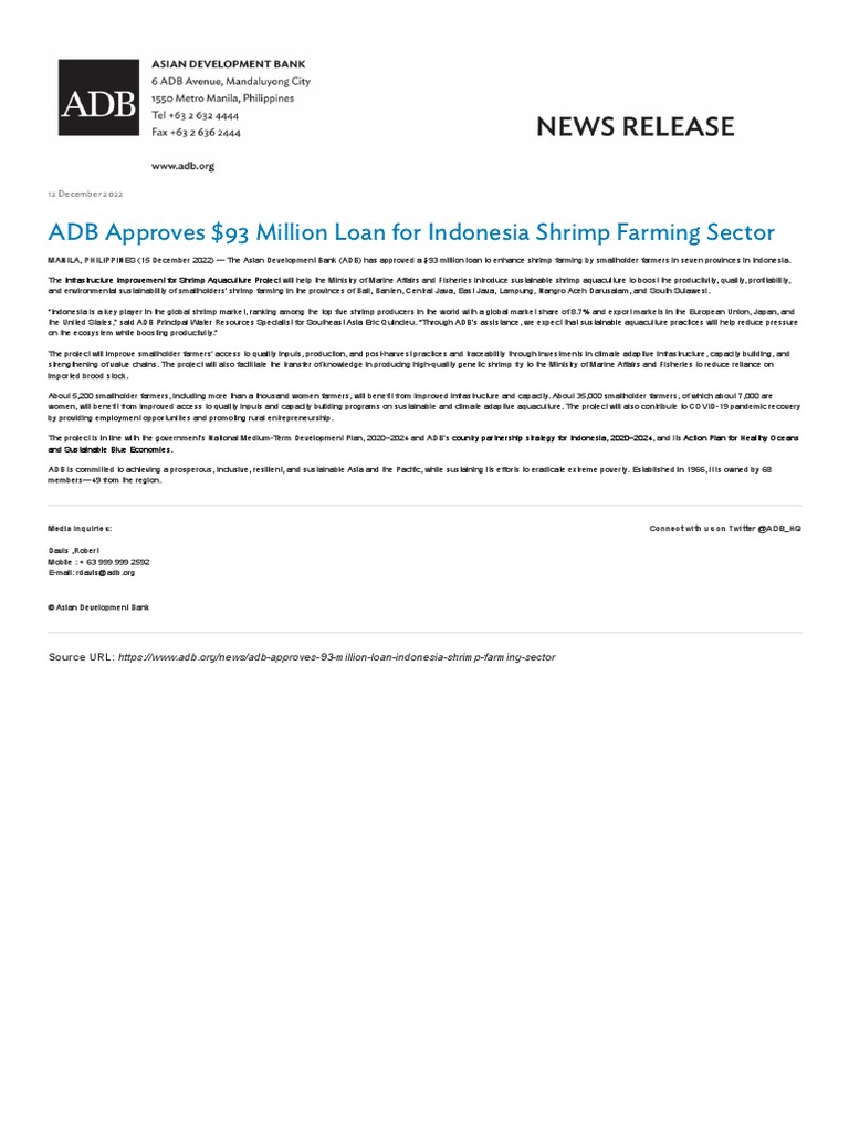 ADB Approves $93 Million Loan For Indonesia Shrimp Farming Sector | PDF ...