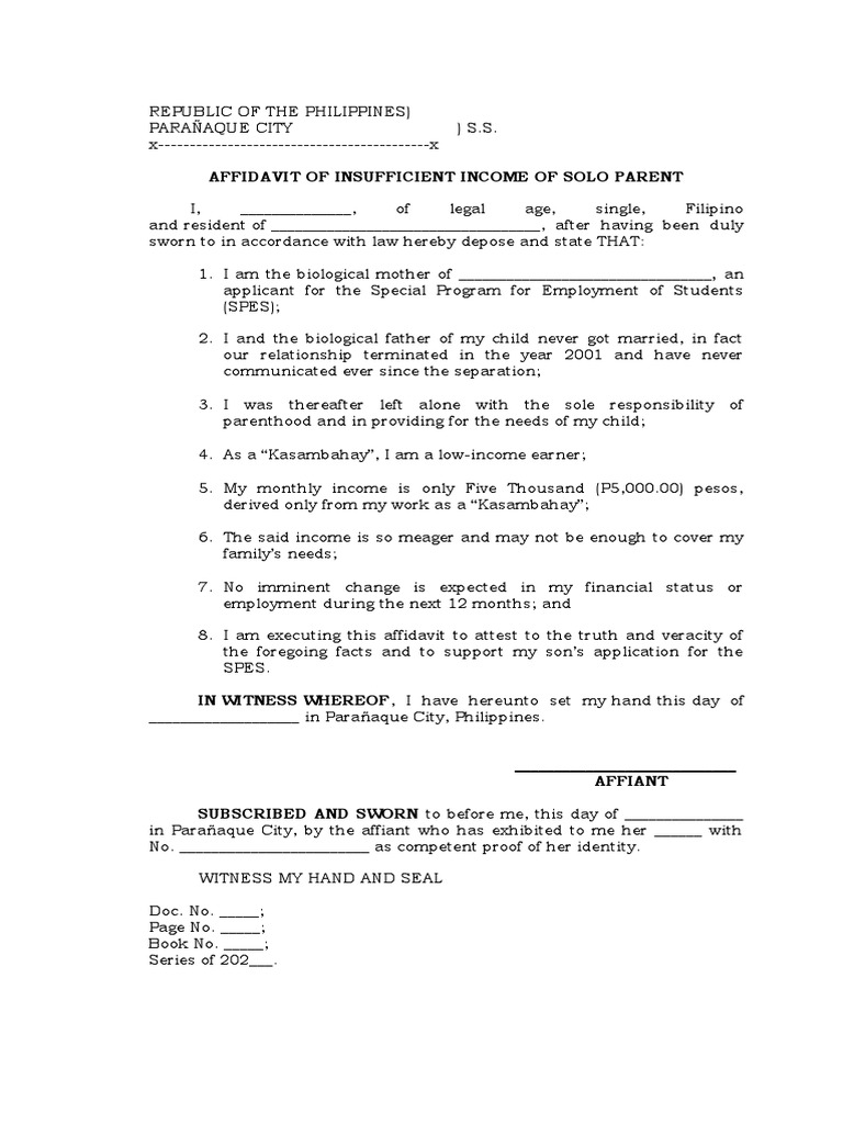 Affidavit of Insufficient Income for Solo Parent | PDF