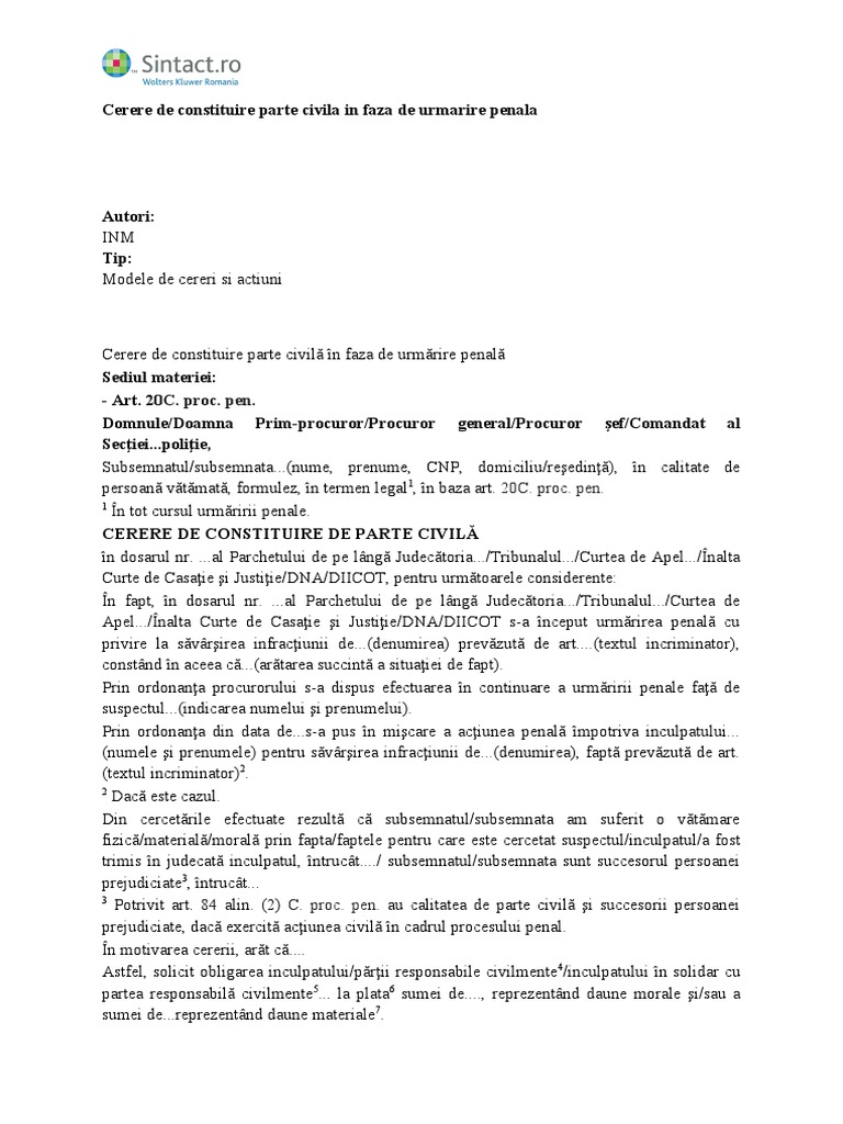 Cerere de Constituire Parte Civila in Faza de | PDF