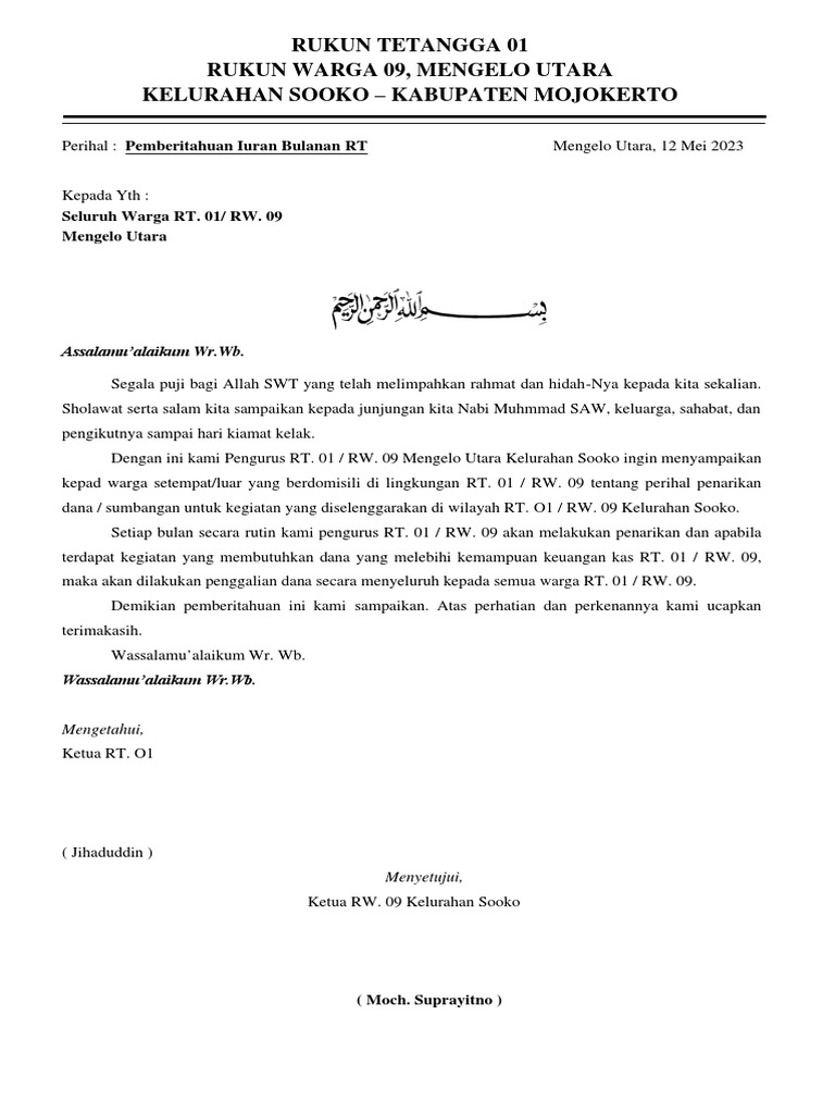Surat Pemberitahuan Penarikan Iuran RT | PDF