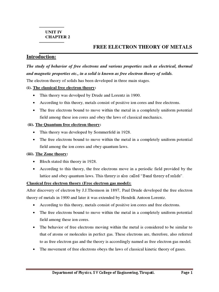 Unit IV.2.Free Electron Theory of Metals | PDF | Electron | Thermal Conductivity