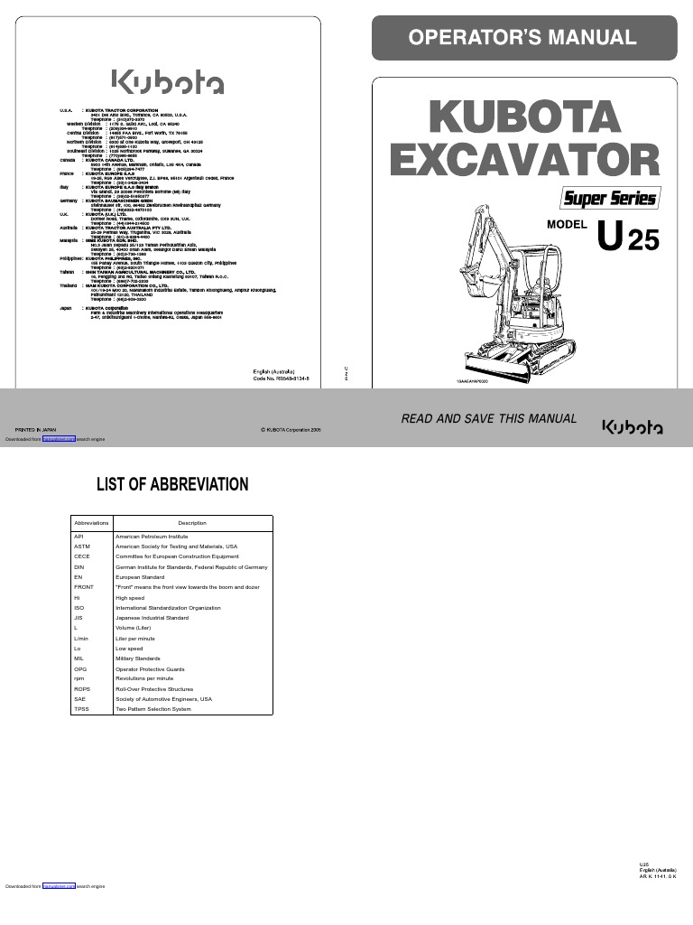 Kubota U25 Excavator Operators Manual | PDF