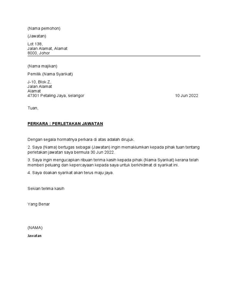 Contoh Surat Letak Jawatan | PDF