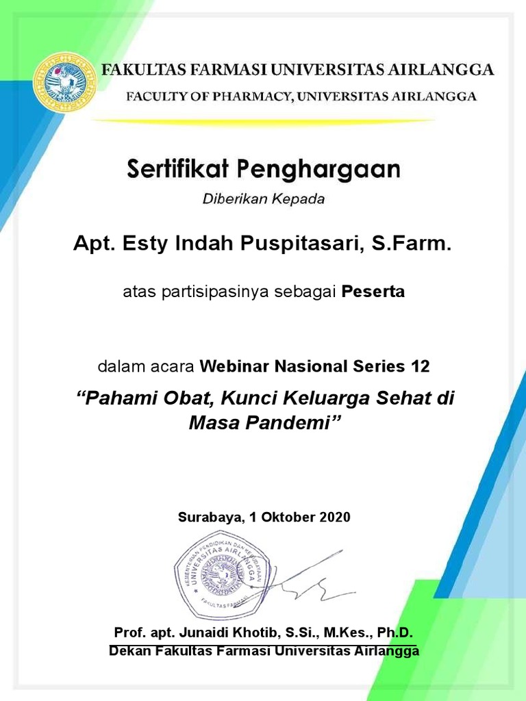 Sertifikat Webinar 12 - Apt. Esty Indah Puspitasari, S.Farm. | PDF