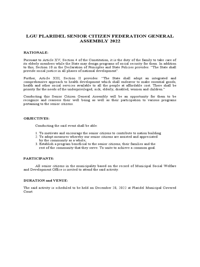 Senior Citizen Assembly Project Proposal | PDF | Finance & Money ...