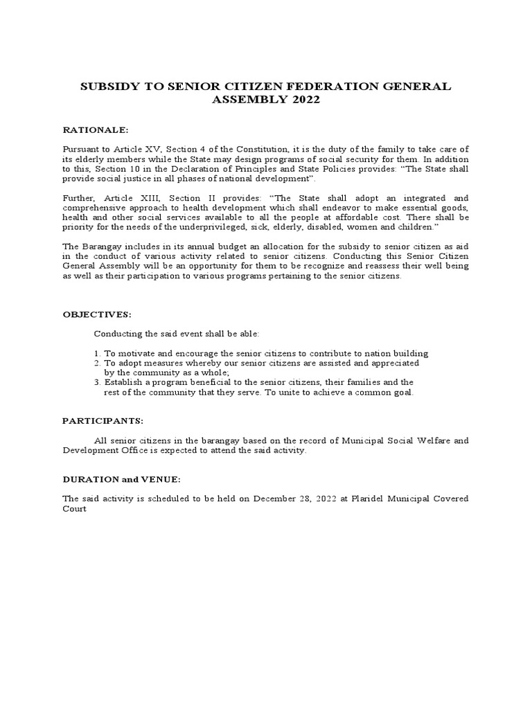 Activity-Design Aid To Senior Citizens - BRGY. | PDF