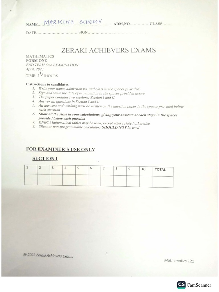 Mathematics Form 1 - Marking Scheme | PDF