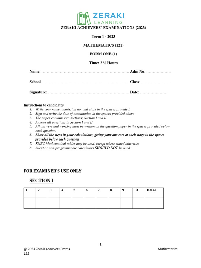Mathematics Form 1 - Question Paper | PDF | Sphere | Area
