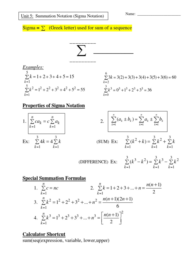 Summation Notation Note Sheet | PDF | Teaching Methods & Materials ...