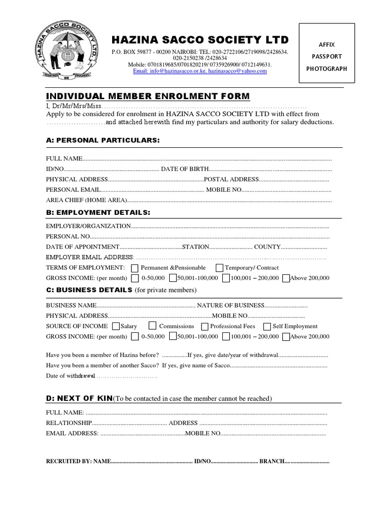 Hazina Sacco Enrolment Form Revised 2019 | PDF