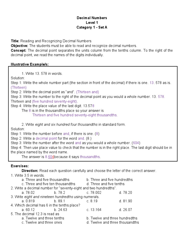 Level 1 Decimal 2 | PDF | Numbers | Division (Mathematics)