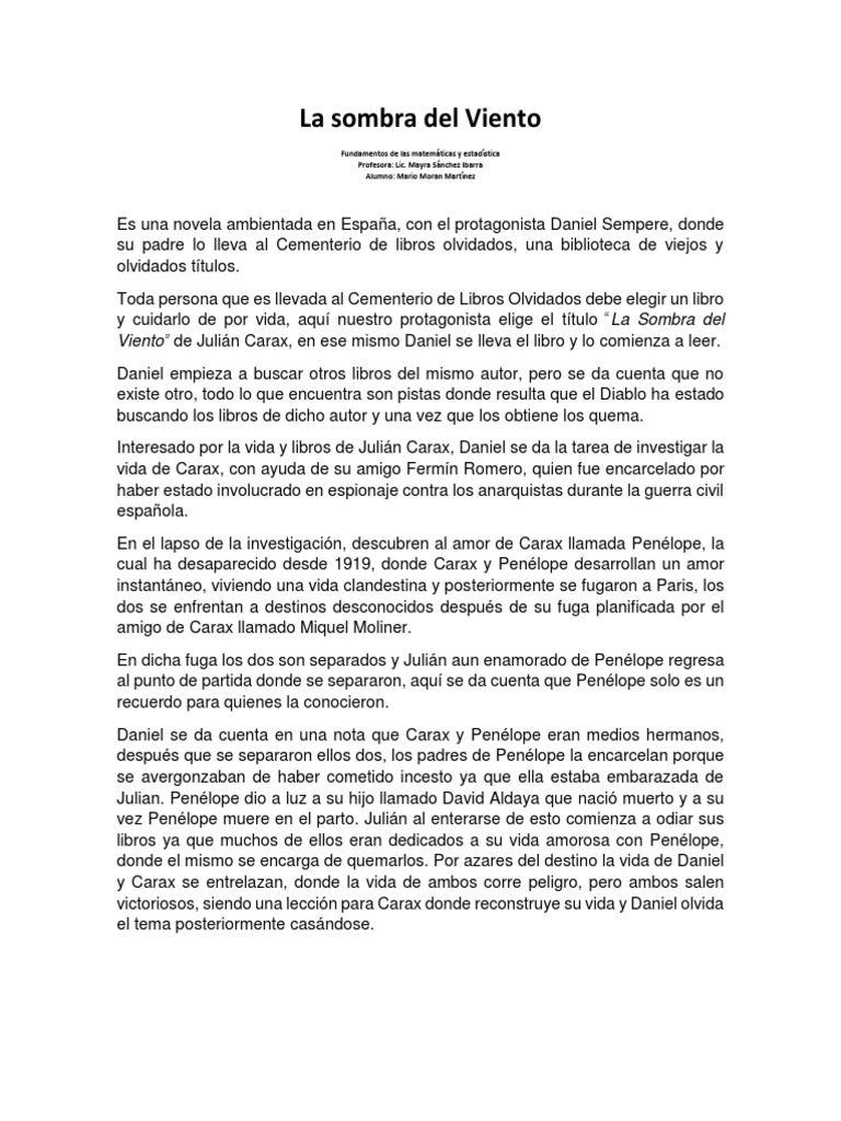 Resumen de Libro La Sombra Del Viento | PDF