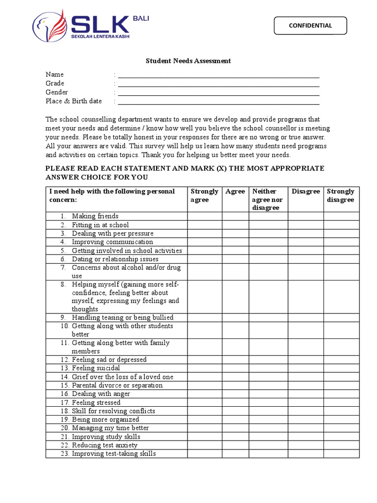 Student Needs Assessment | PDF | Feeling | Grief