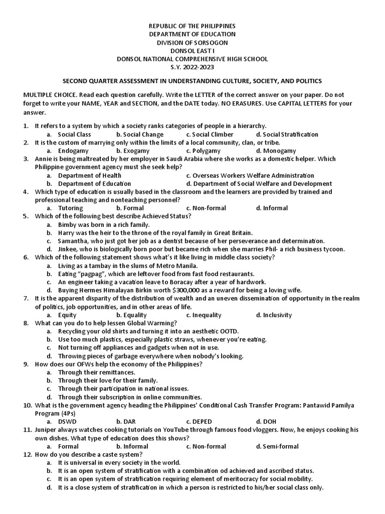 UCSP Grade 12 Q2 Exam Questions | PDF | Social Science