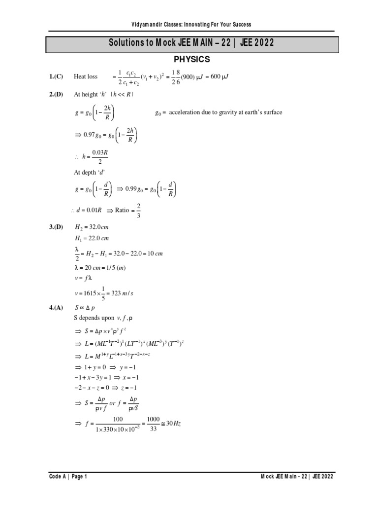 2022 JEE Main 22 Solutions | PDF