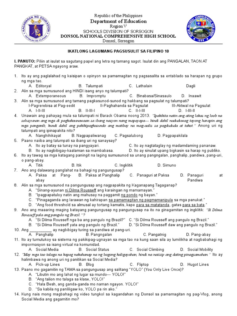 3RD QA in FILIPINO 10 (ISAROG) | PDF