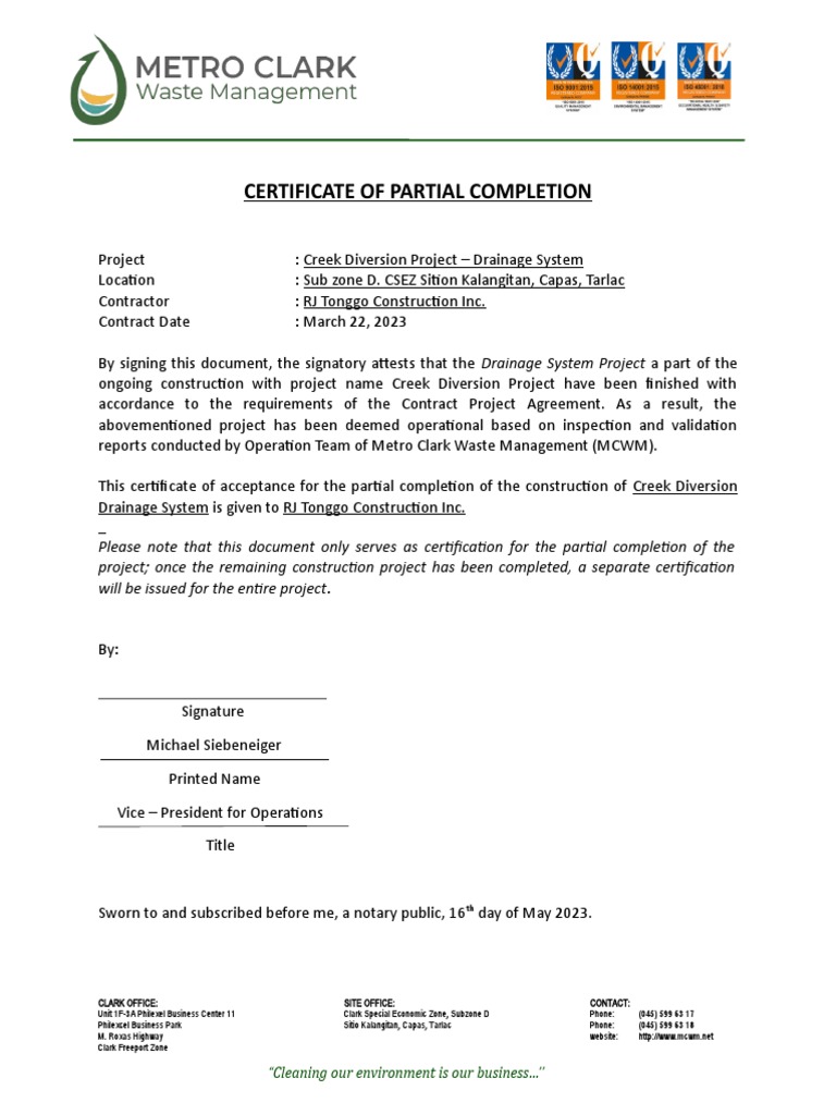 Certificate for Drainage Project Completion | PDF