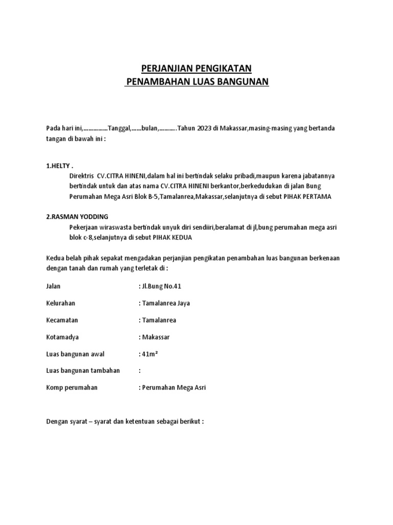 PERJANJIAN PENGIKATAN Penambahan Fisik Bangunan Rasman | PDF PERJANJIAN PENGIKATAN Penambahan Fisik Bangunan Rasman | PDF