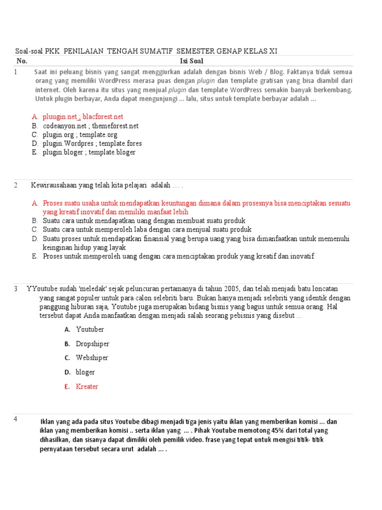 Soal Dan Jawaban Pts Genap Kelas Xi Dpib A Tahun 2023 | PDF