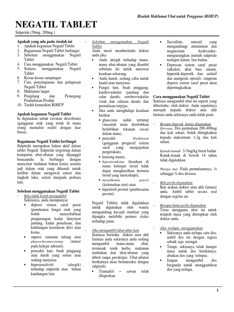 Negatil Tablet Sulpiride MALAYSIAN PHARMACEUTICAL INDUSTRIES SDN BHD ...