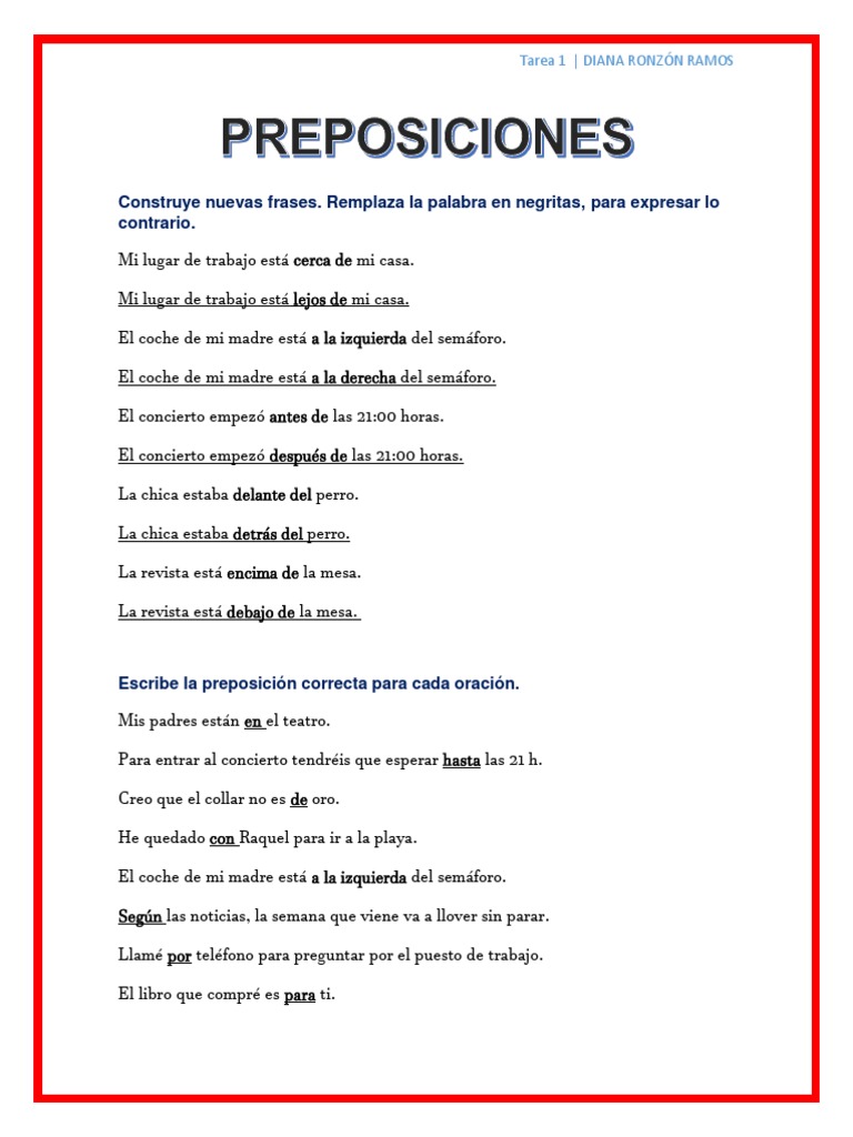 Preposiciones Ejemplos | PDF
