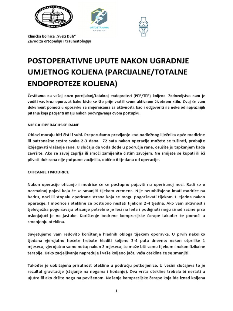Postoperativne Upute TEP Koljena | PDF