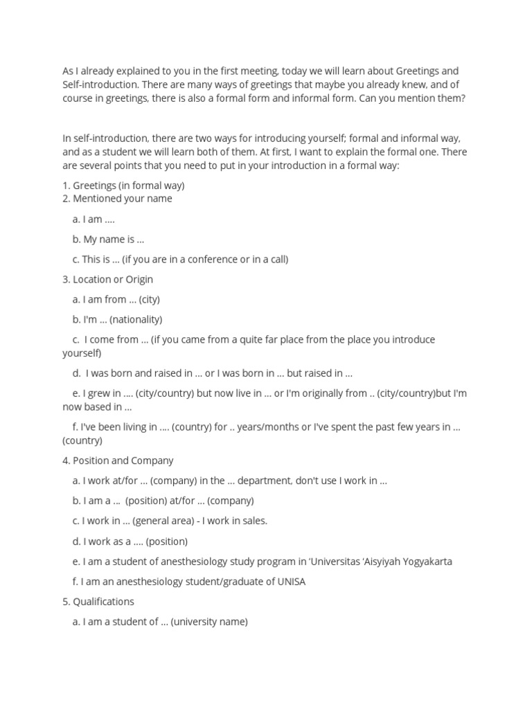 Greetings and Self-Introduction Guide | PDF