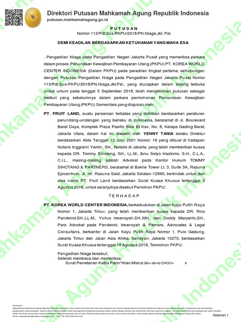 Putusan 113 PDT - Sus.pkpu 2018 PN - Niaga.jkt - PST 20230323114804 | PDF