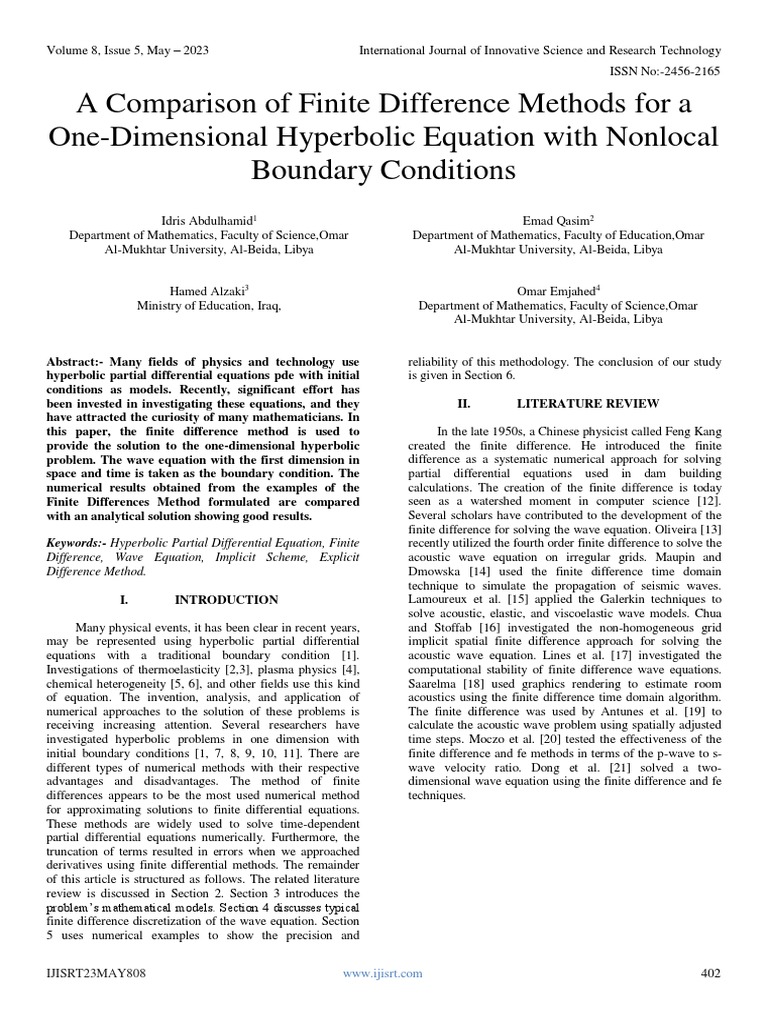 A Comparison of Finite Difference Methods For A One-Dimensional Hyperbolic Equation With ...