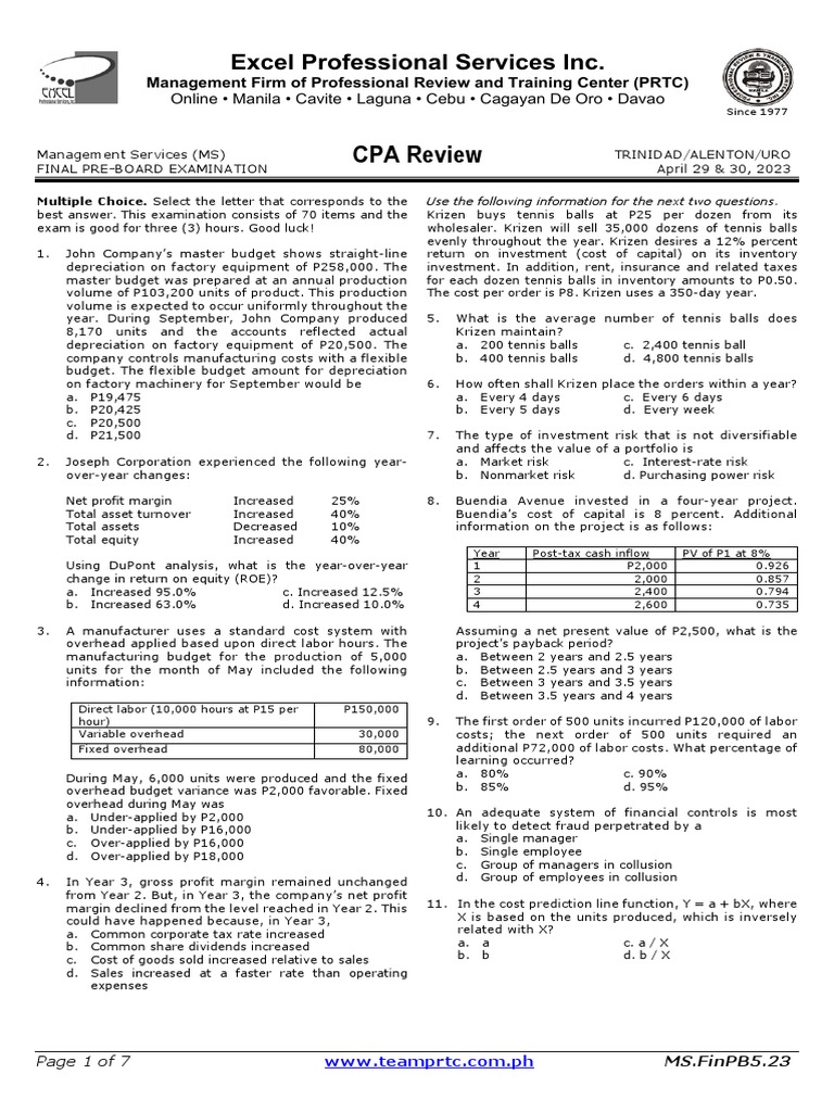 CPA Review: Excel Professional Services Inc | PDF | Cost Of Capital ...