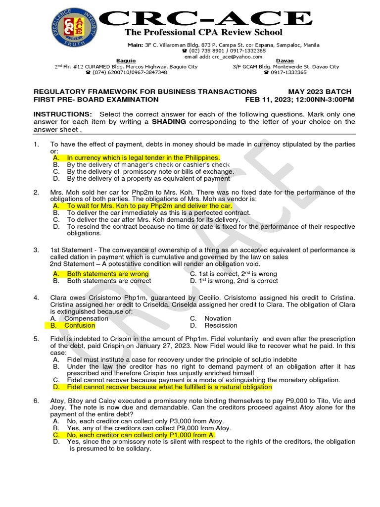 RFBT First Preboard May 2023 Batch | PDF | Legal Liability | Debt