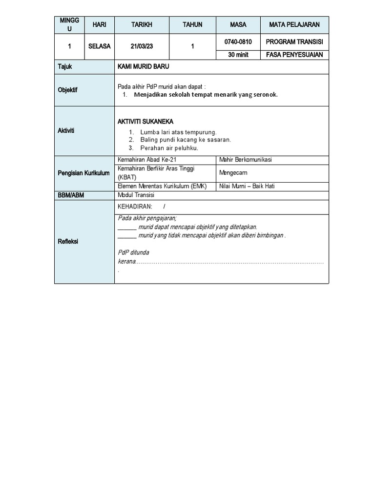 RPH Transisi Minggu 1 | PDF